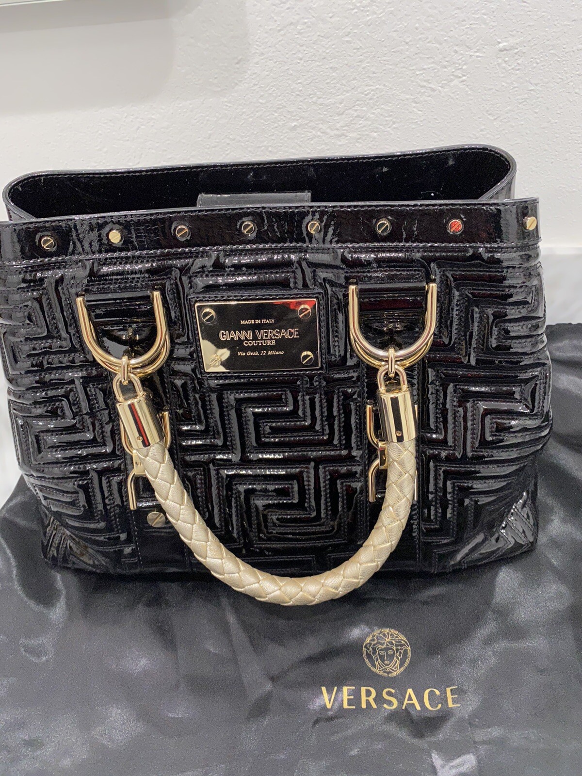 GIANNI VERSACE Couture Black Patent Leather Quilted Bag With Greek Key ...
