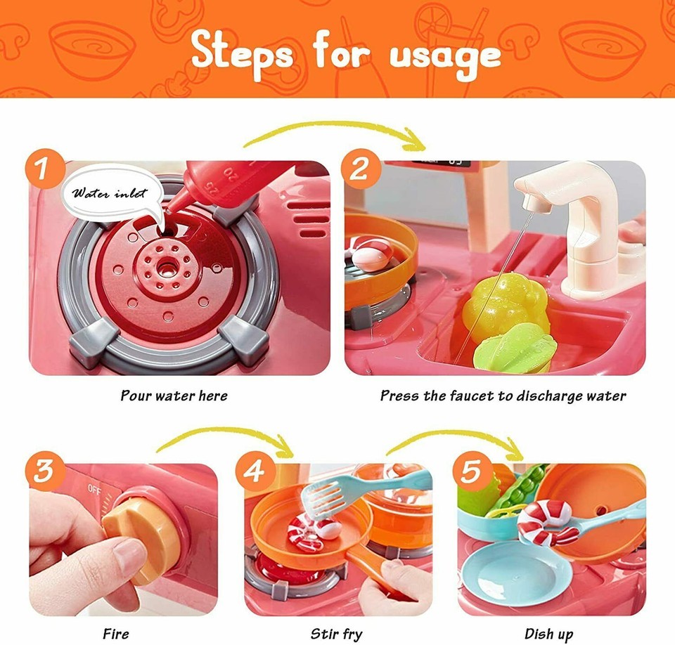 Kids Play Kitchen Pretend Kitchen Toy Set Cooking Role Gift w/Lights ...