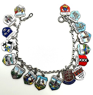 Antique 835 Silver Enamel Crest Charm Bracelet - Art Nouveau | eBay