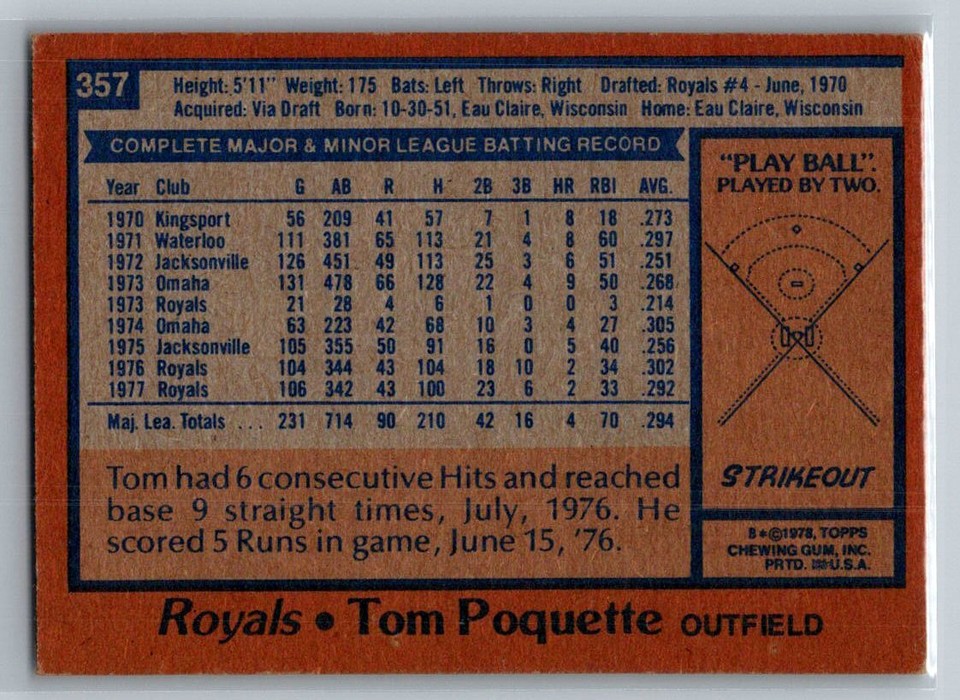 1978 Topps Vintage #357 Tom Poquette Kansas City Royals Baseball Card ...