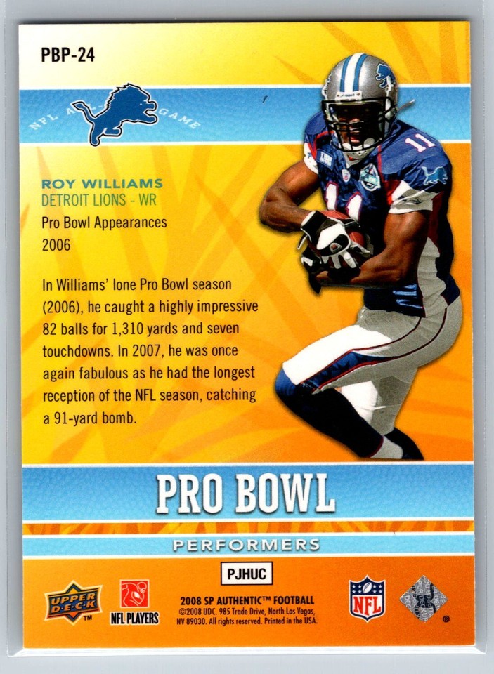 2008 Upper Deck SP Authentic Roy Williams Pro Bowl Performers Insert # ...