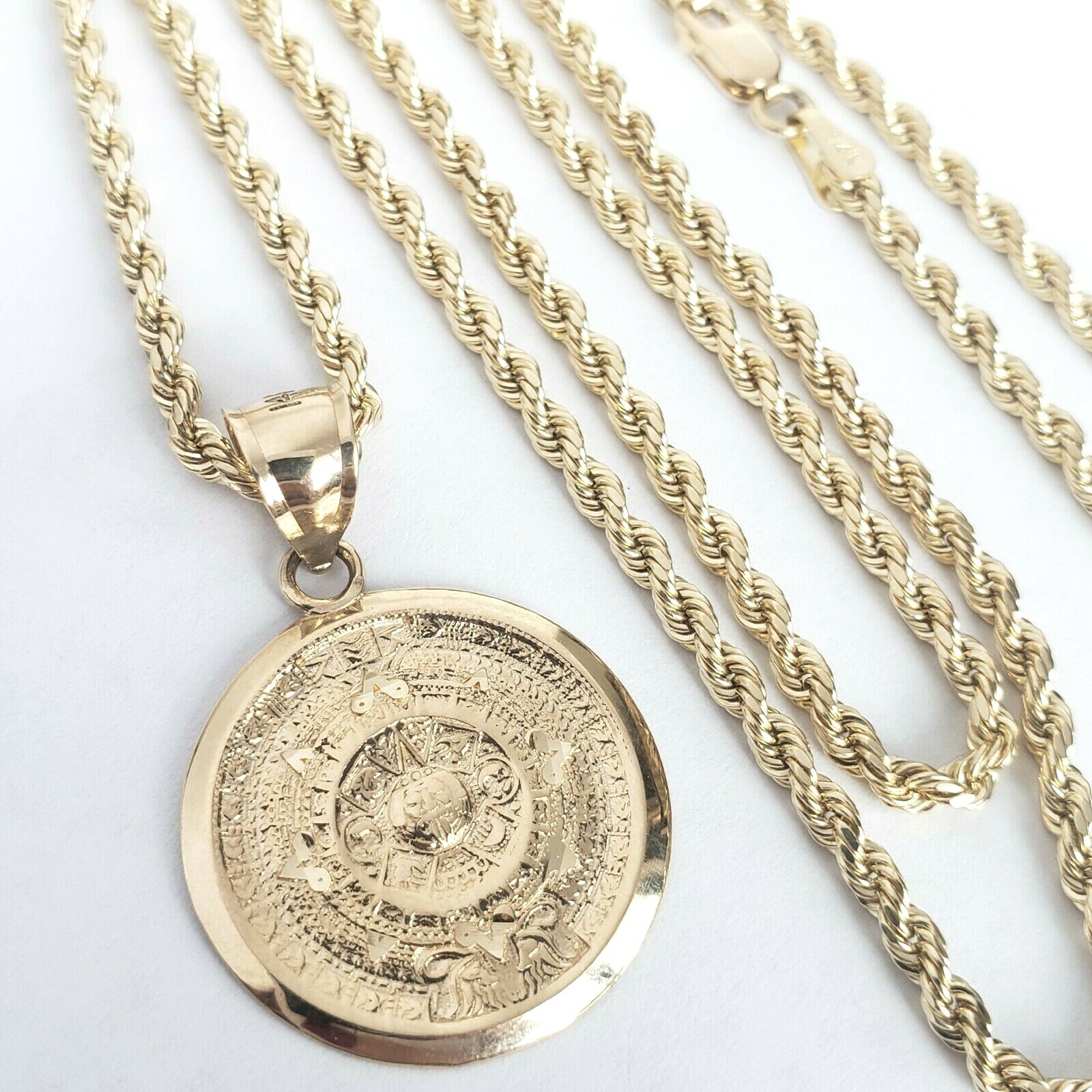 Solid 14k Yellow Gold mayan mexican Aztec Calendar pendant charm rope ...