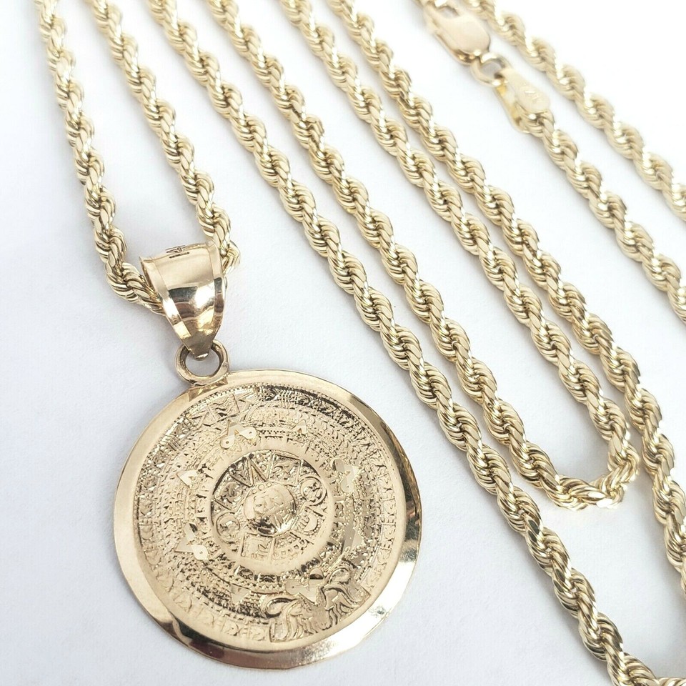 Solid 14k Yellow Gold mayan mexican Aztec Calendar pendant charm rope ...