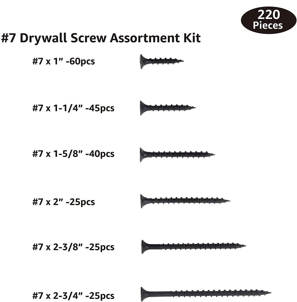 QUALITY Drywall Screw Assortment Kit Steel Phillips-Head 220-Piece Set ...