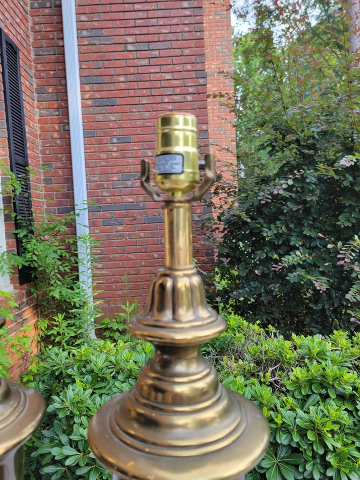 Pair Hvy Brass Stiffel? 32" Hollywood Regency Urn/ Trophy Style Table ...