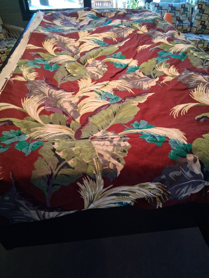 Larger piece of Tropical Barkcloth Fabric in Red Green Beige Teal Gray ...