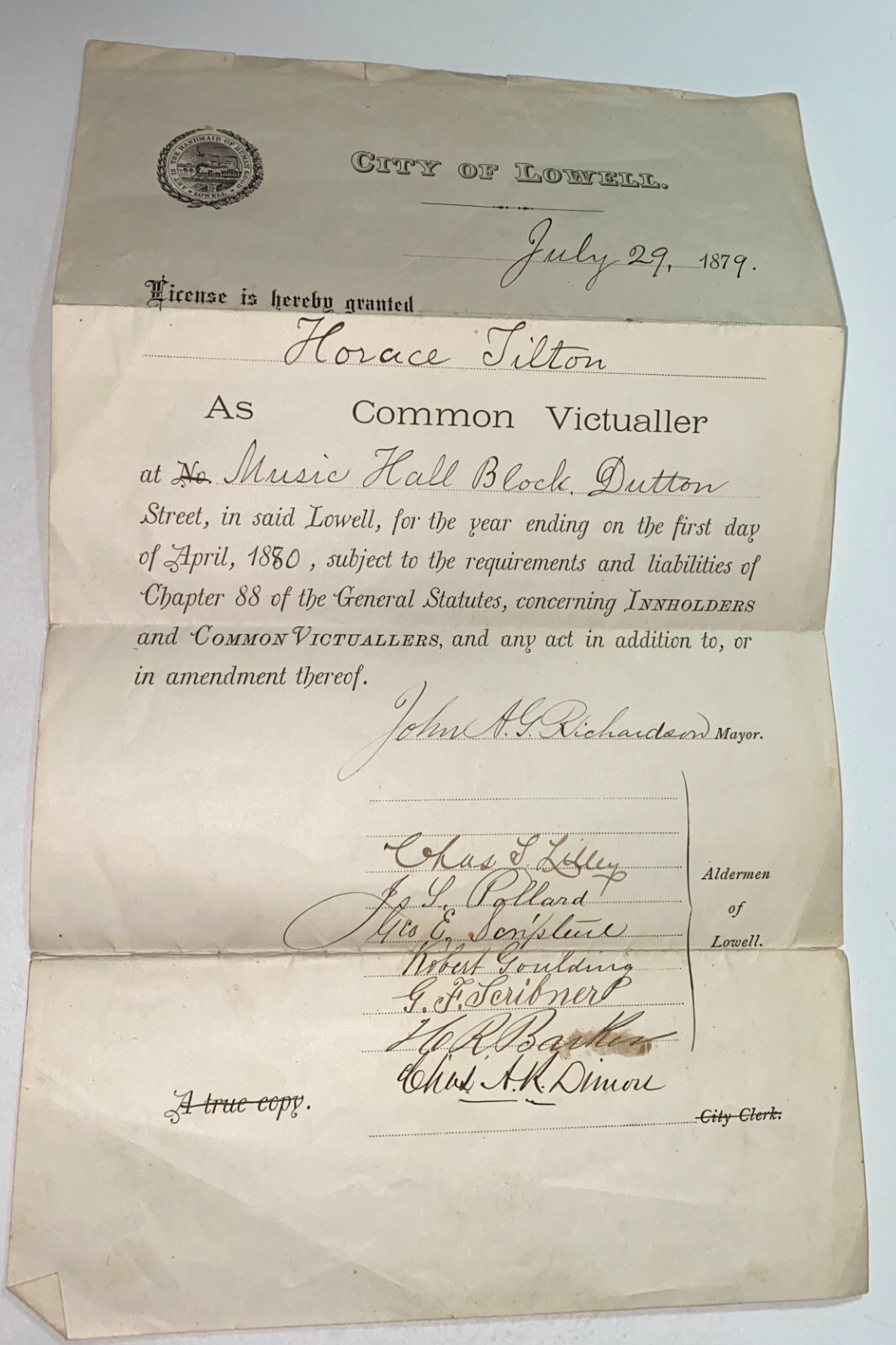 Rare Antique Lowell Massachusetts Business License! 1879! Signed Civil ...