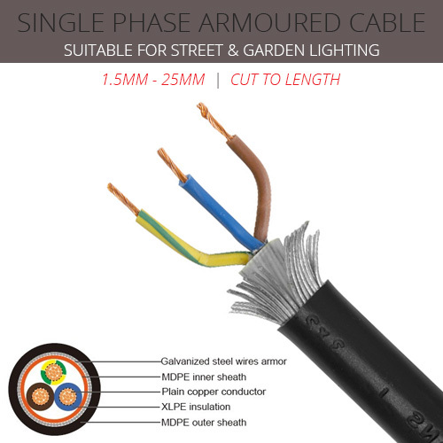 SWA CABLE 2 CORE + EARTH 1.5MM-25MM SINGLE PHASE GARDEN LIGHTING CABLE ...