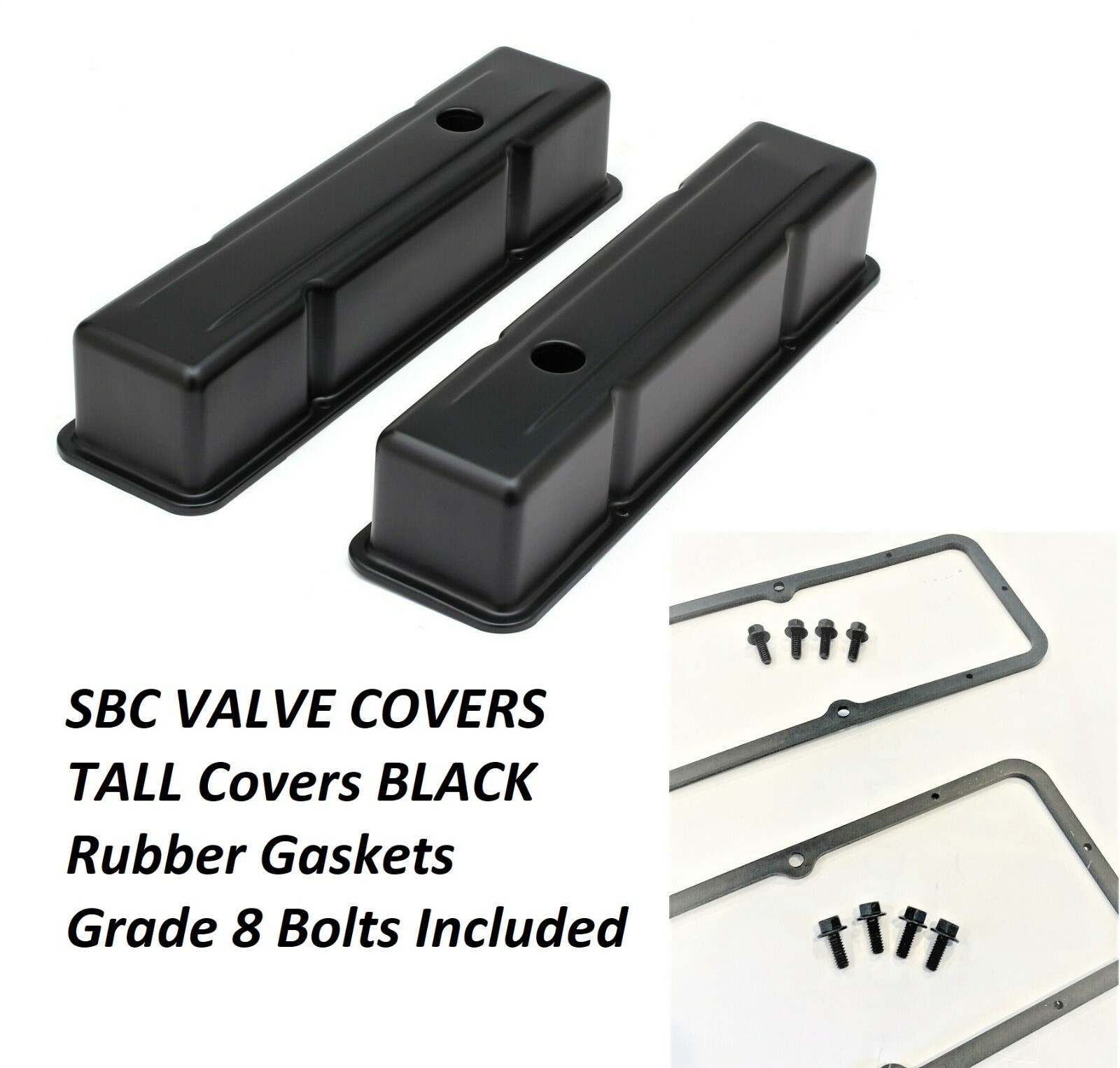 SBC STOCK Black Valve Covers Black + Rubber Gaskets Grade 8 Bolts 58-85 ...
