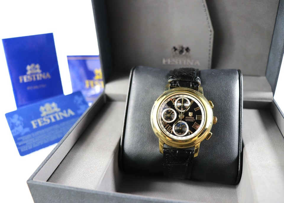 Men's Festina 18k Gold Strata Moon Phase Chronograph Automatic Luxury ...