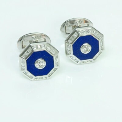 10K White Gold With Blue Enamel & Lab-Grown Diamond Hexagon Cufflinks ...