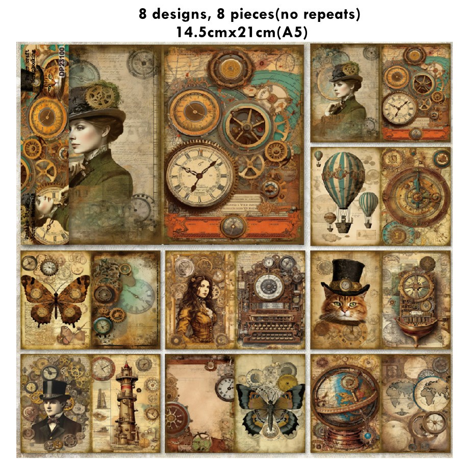 8 Sheets Retro Steampunk Style Paper Decor A5 Scrapbook Junk Journal ...