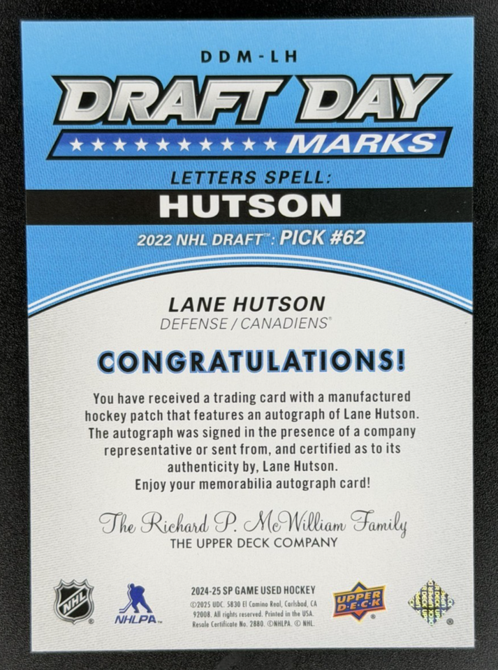 2024-25 SP Game Used Lane Hutson Draft Day Marks "T" Rookie RC Auto /35 ...
