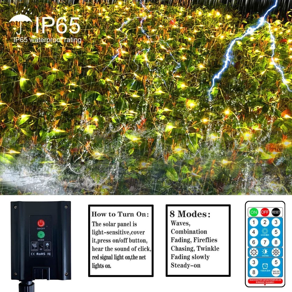 Solar Net Lights 200 LED 9.8Ftx6.6Ft Outdoor Net Mesh Lights 8 Modes ...