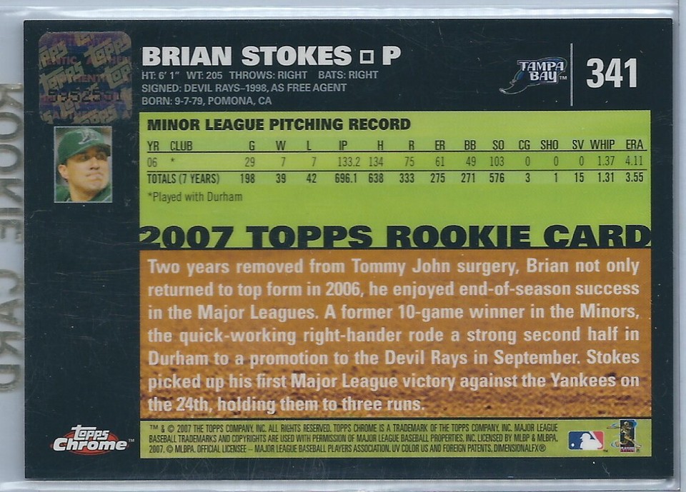 2007 Topps Chrome Baseball Brian Stokes Devil Rays Autographed Rookie ...