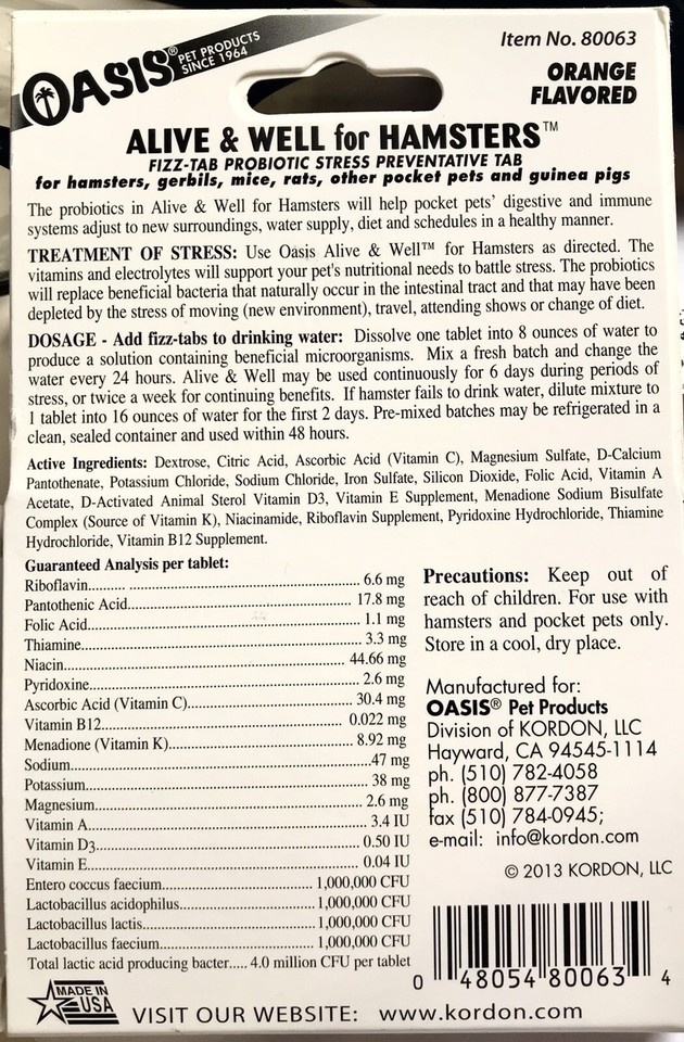 Oasis Alive And Well Pro-biotic Stress Preventative Hamster Pocket Pets ...