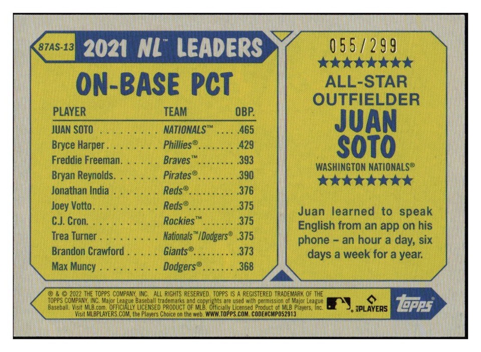 F898 JUAN SOTO ALL-STAR BLACK 2022 TOPPS SERIES 2 #87AS-13 NATIONALS ...