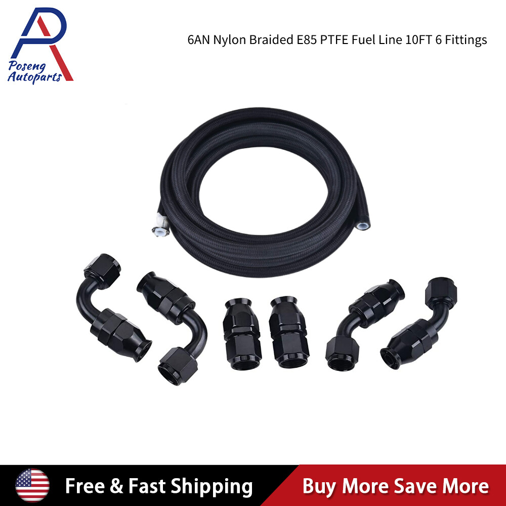 6AN - AN6 Black Nylon E85 PTFE Fuel Line 10ft 6 Fittings Hose Kit E85 ...