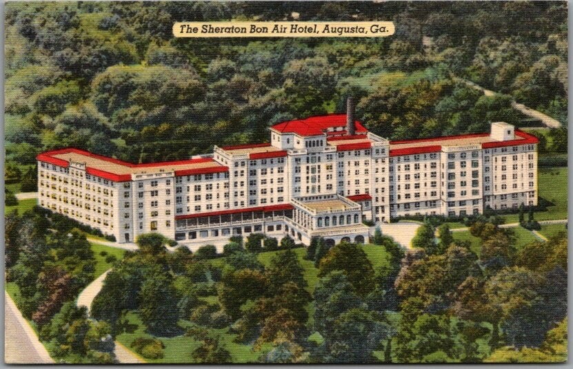 1940s Augusta, Georgia Postcard THE SHERATON BON AIR HOTEL Aerial View ...