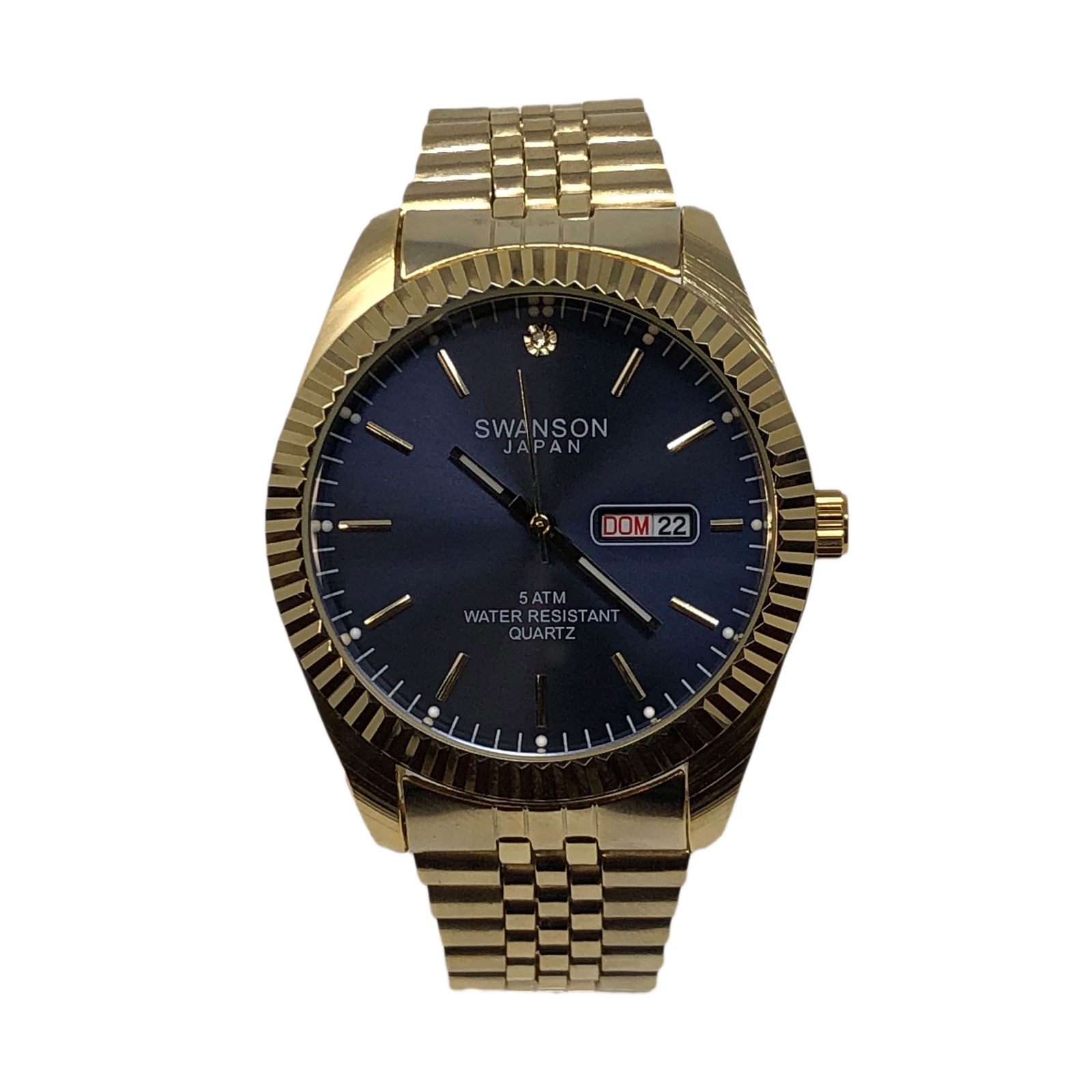 Men's Swanson Japan Watch BLUE Dial 45mm -Gold Band W/ One Stone | eBay