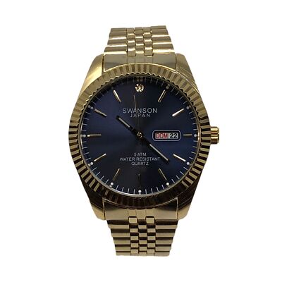 Men's Swanson Japan Watch BLUE Dial 45mm -Gold Band W/ One Stone | eBay