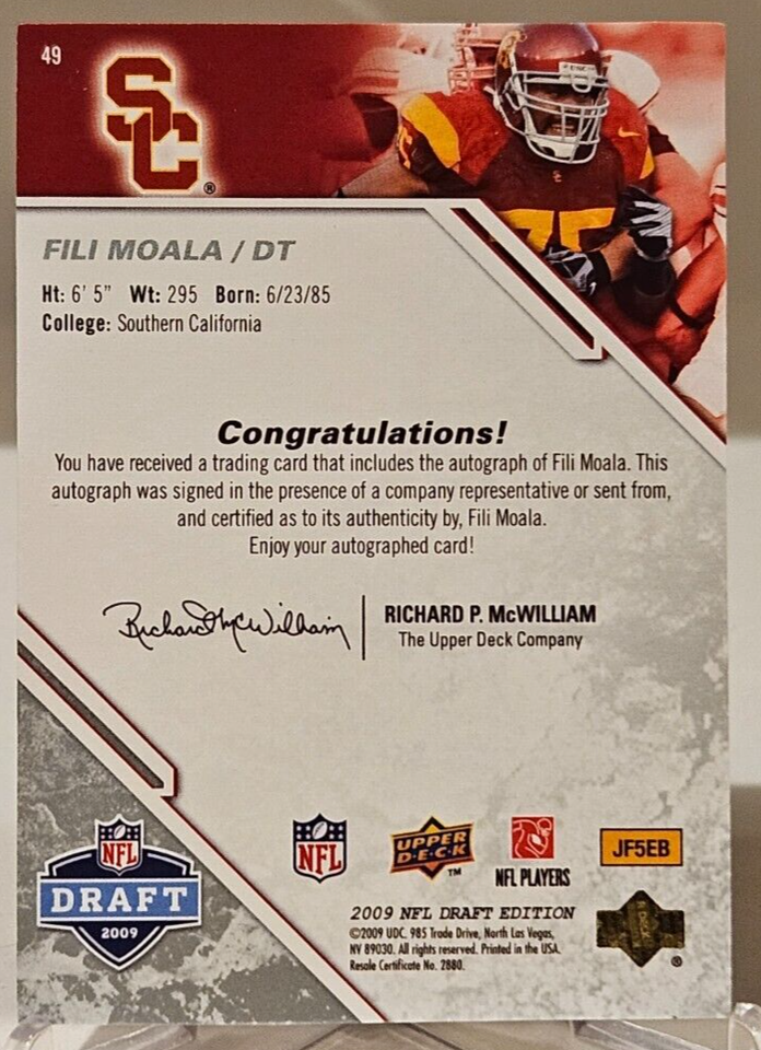 2009 Upper Deck Draft Edition FILI MOALA #49 Auto | eBay