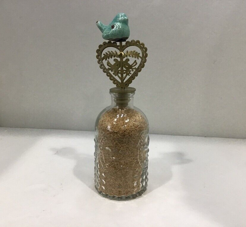 Embossed Glass Bottle Full of Sand Metal Heart and Blue Bird Stopper | eBay