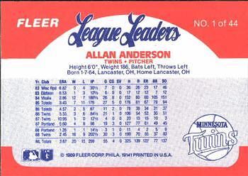 Allan Anderson 1989 Fleer League Leaders 1 Minnesota Twins Baseball ...