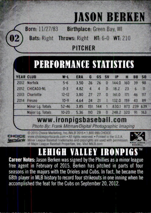 2015 Lehigh Valley Ironpigs Choice 1st ED #2 Jason Berken Green Bay ...