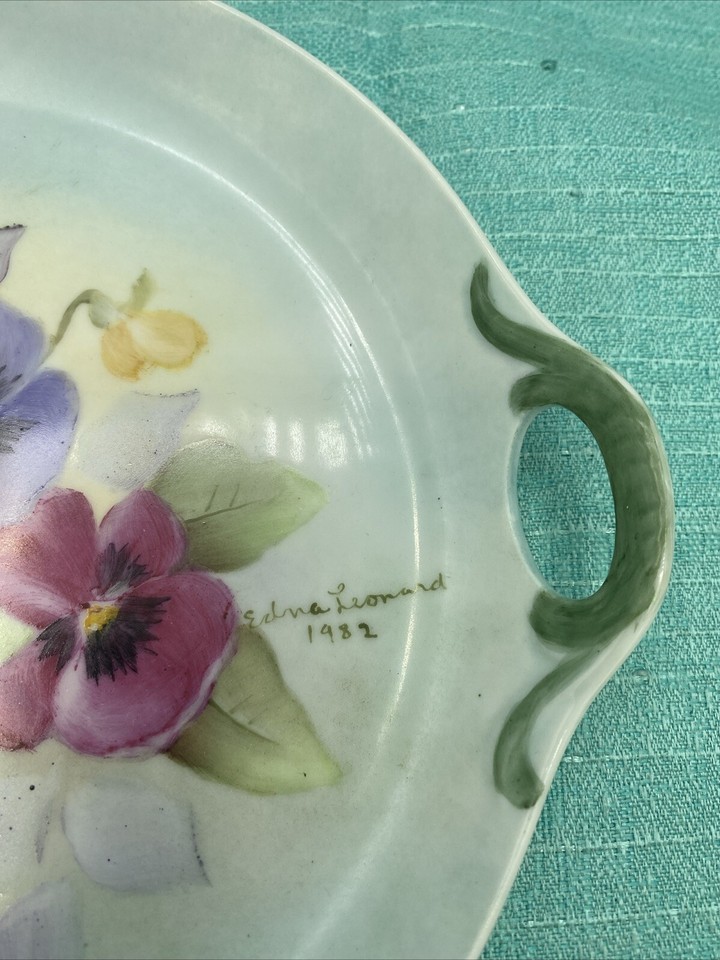 Porcelain Hand Painted Two Handled Serving Plate Flowers Signed by ...
