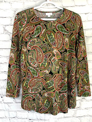 J. Jill Smocked Back Paisley Tunic Green Top Long Sleeve Cotton Rayon ...