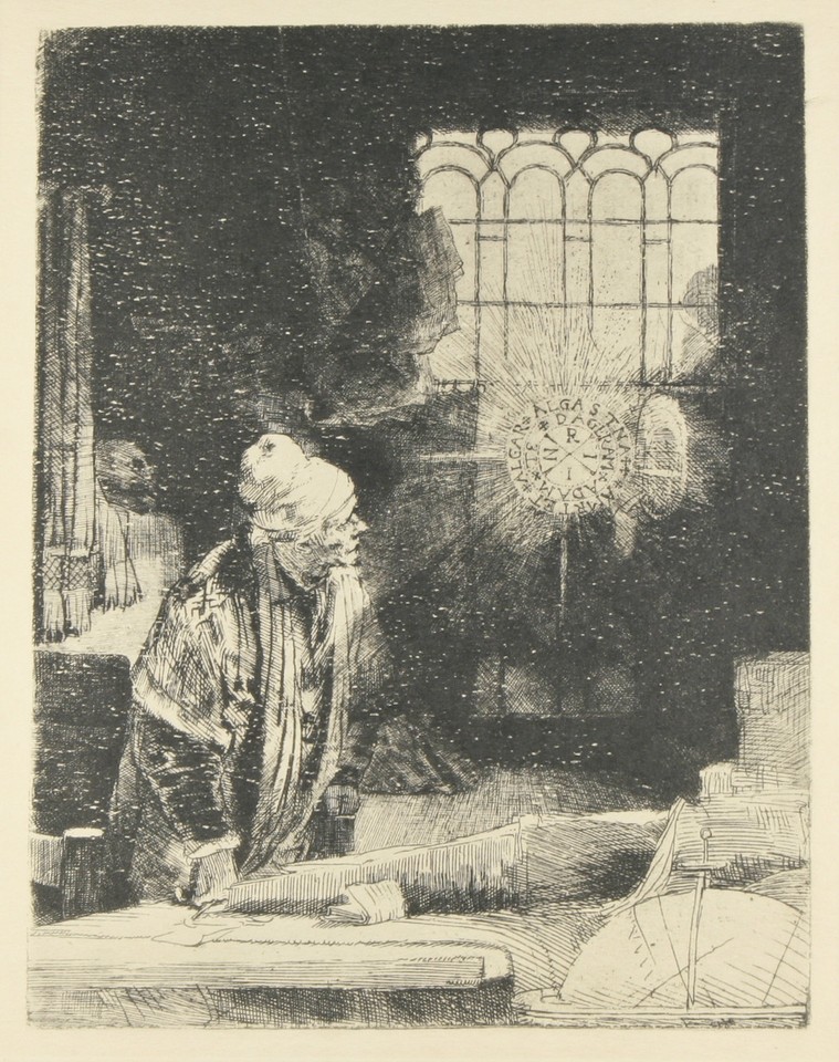 "Faust in His Study" By Rembrandt Restrike Etching on Paper 8 1/2"x6 1/ ...