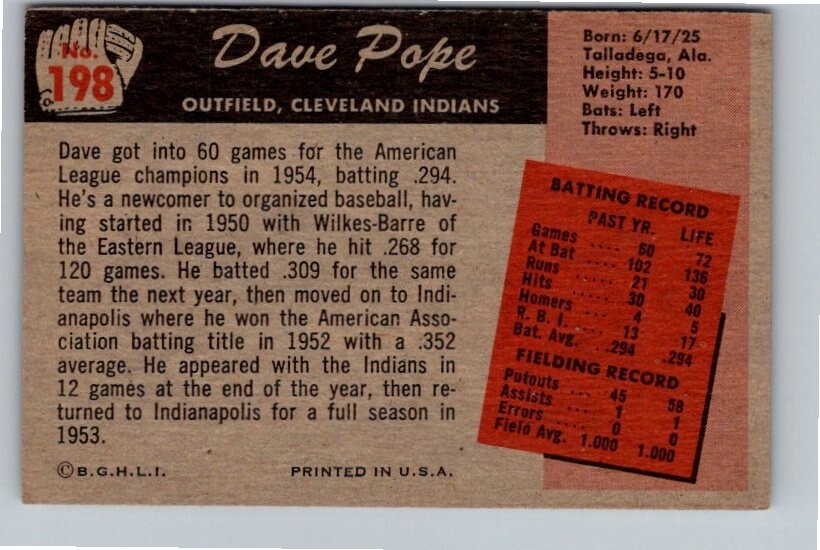 1955 BOWMAN BASEBALL #198 DAVE POPE EX NO | eBay