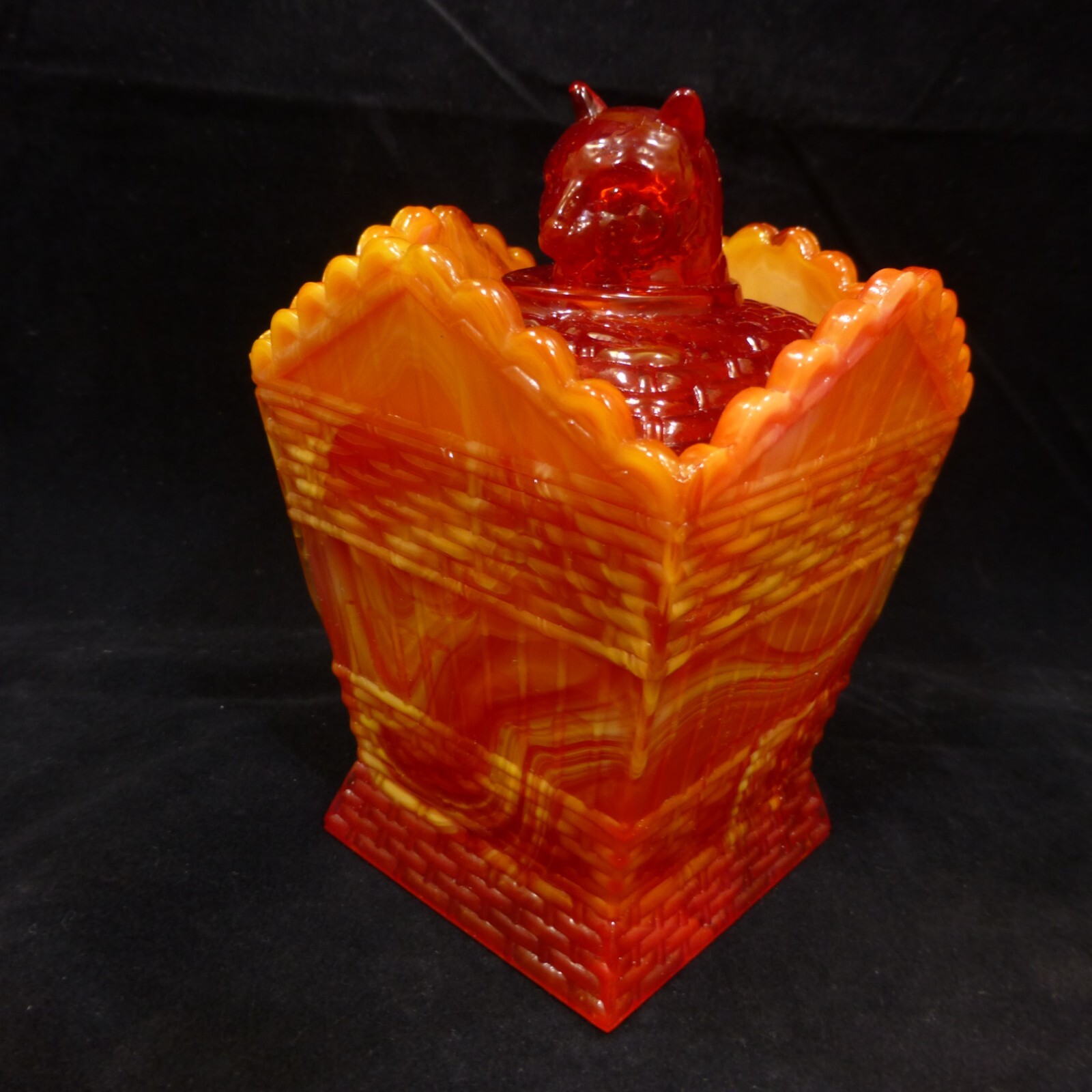 GERALDINE RED SLAG GLASS Cat On Hamper Basket SUMMIT Greentown Candy ...