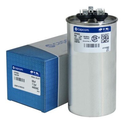 60 + 7.5 uf MFD x 440 VAC # 97F9898 Genteq Dual Round Capacitor / GE ...