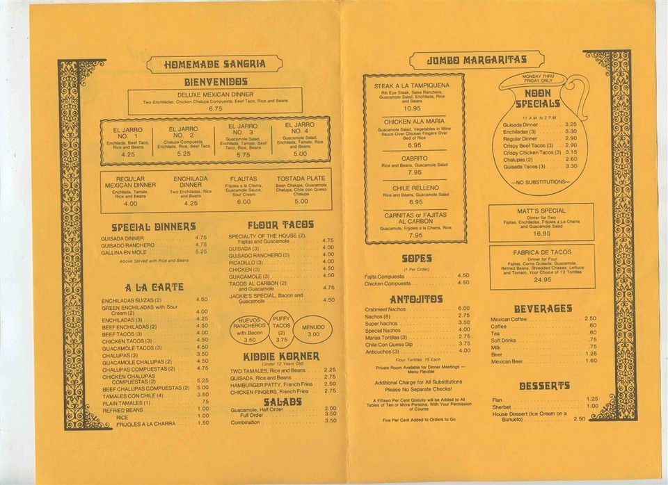 El Jarro Menu San Pedro Ave & Bandera Rd San Antonio Texas 1984 | eBay