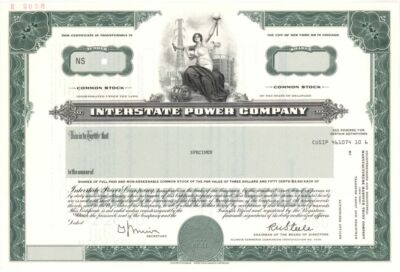 Interstate Power Co. - Specimen Stock Certificate - Specimen Stocks ...