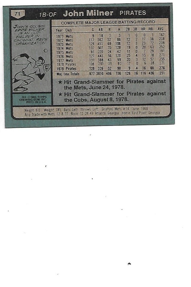 John Milner 1980 Topps Baseball Card #71 NM Pittsburgh Pirates | eBay