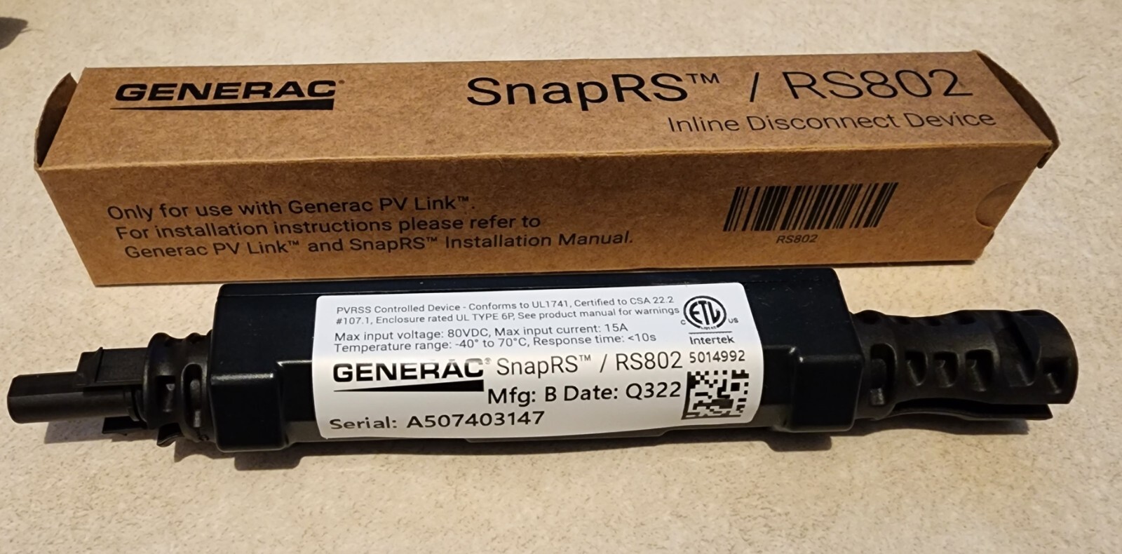 NEW Generac SnapRS RS802 Inline Disconnect Device For Use With PV Link ...