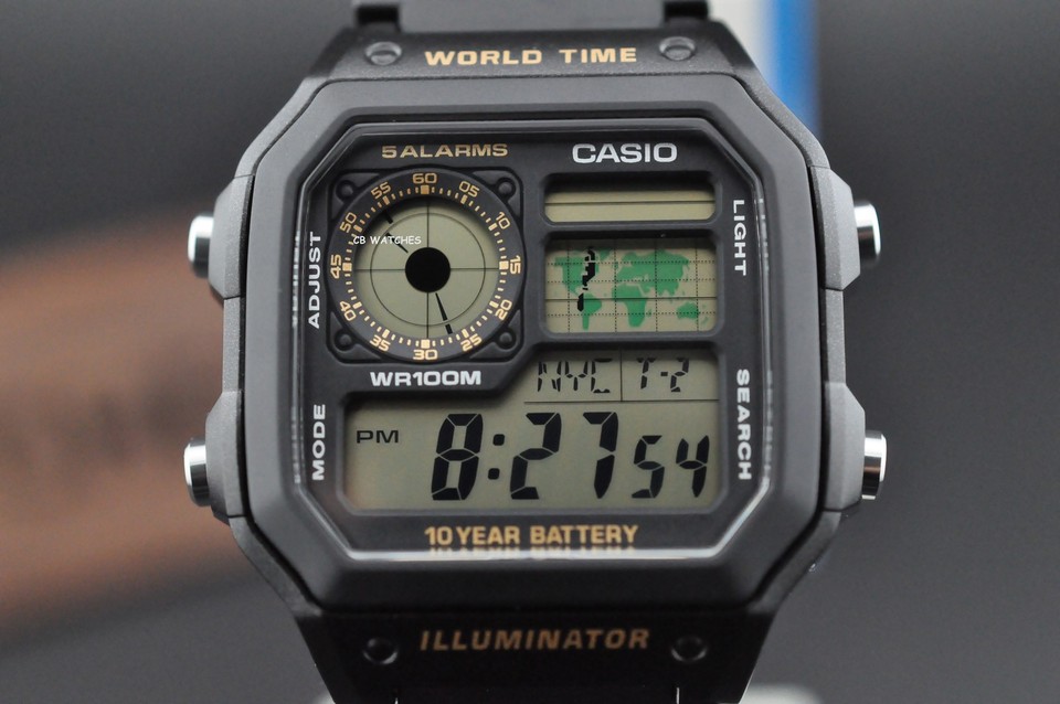 Casio AE-1200WH-1B Digital Stopwatch World Time Black Resin Mens 10 ...