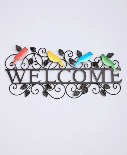 Scrolled Metal Dragonfly Welcome Wall Plaque Birds Colorful Greeting ...