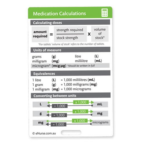eNurse - Dosage & Calculations Card | Double Sided | Reference Card ...