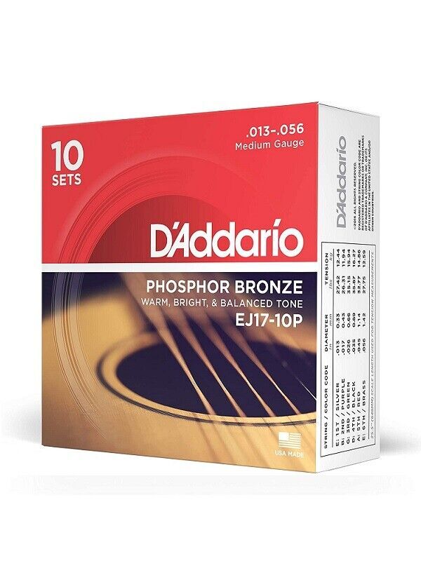D'Addario EJ17 Phosphor Bronze Medium Acoustic Strings - 10Pack (EJ17 ...