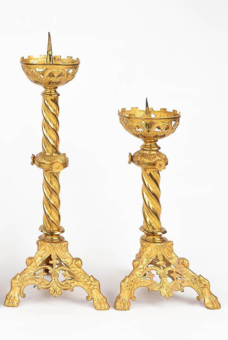 Pair of tiered gilt brass European Gothic Revival Solomonic Column ...