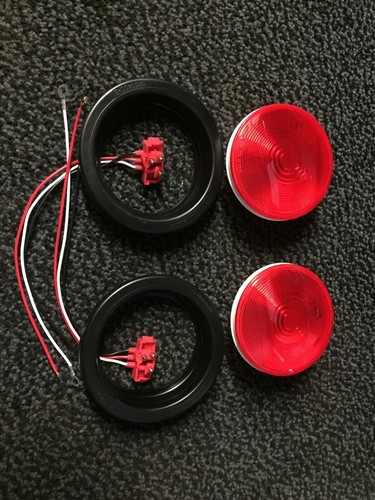 Set of 2 LED 4" Round Stop Tail Turn Lights, Red 36459; Kit Grommets ...