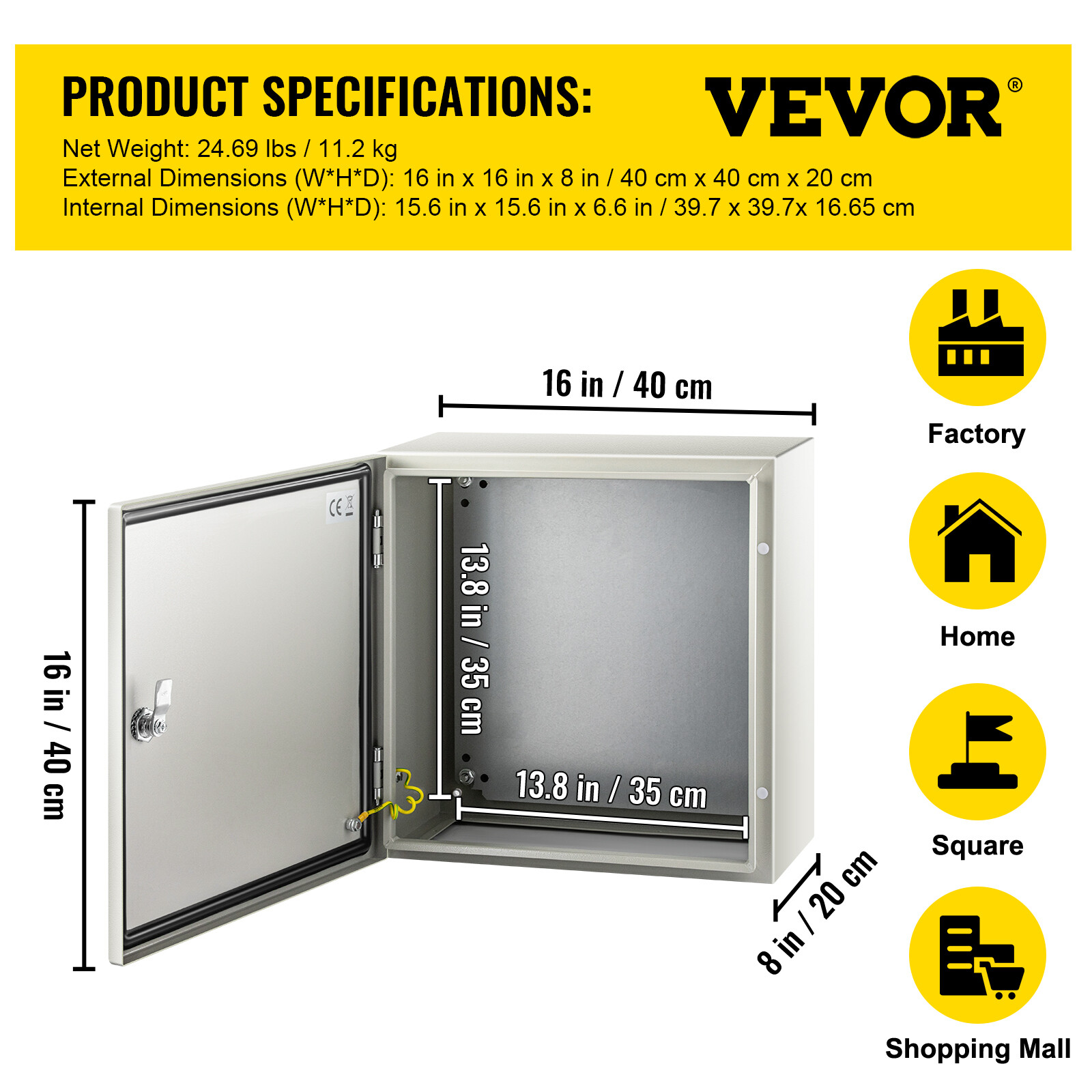VEVOR 16x16x8'' Carbon Steel Electrical Enclosure IP65 Wall Mount ...