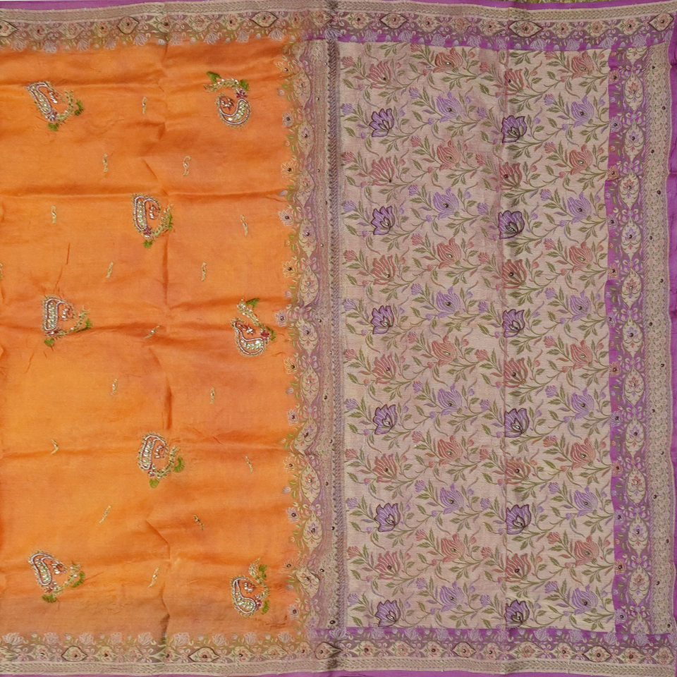 Vintage Orange Sarees 100% Pure Silk Woven Hand Embroidered Sari Craft ...
