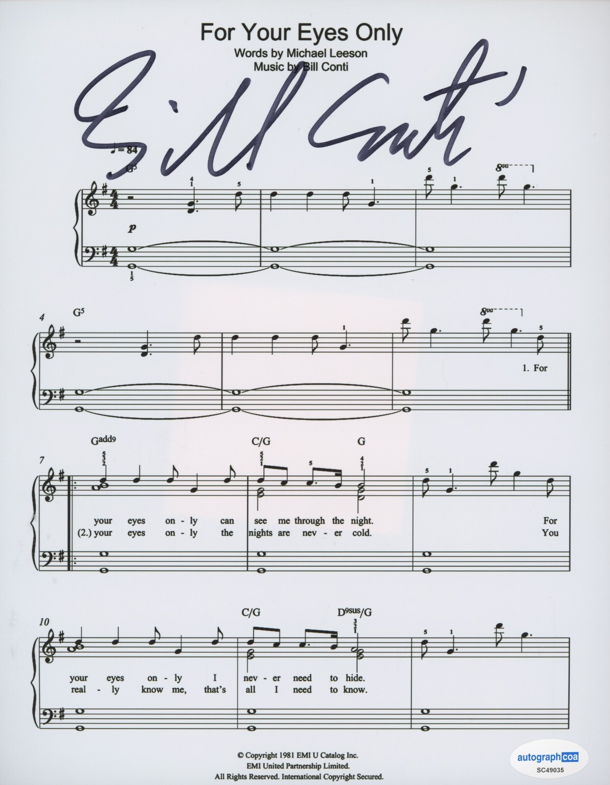 BILL CONTI SIGNED FOR YOUR EYES ONLY SONG COMPOSER SONGWRITER B ...