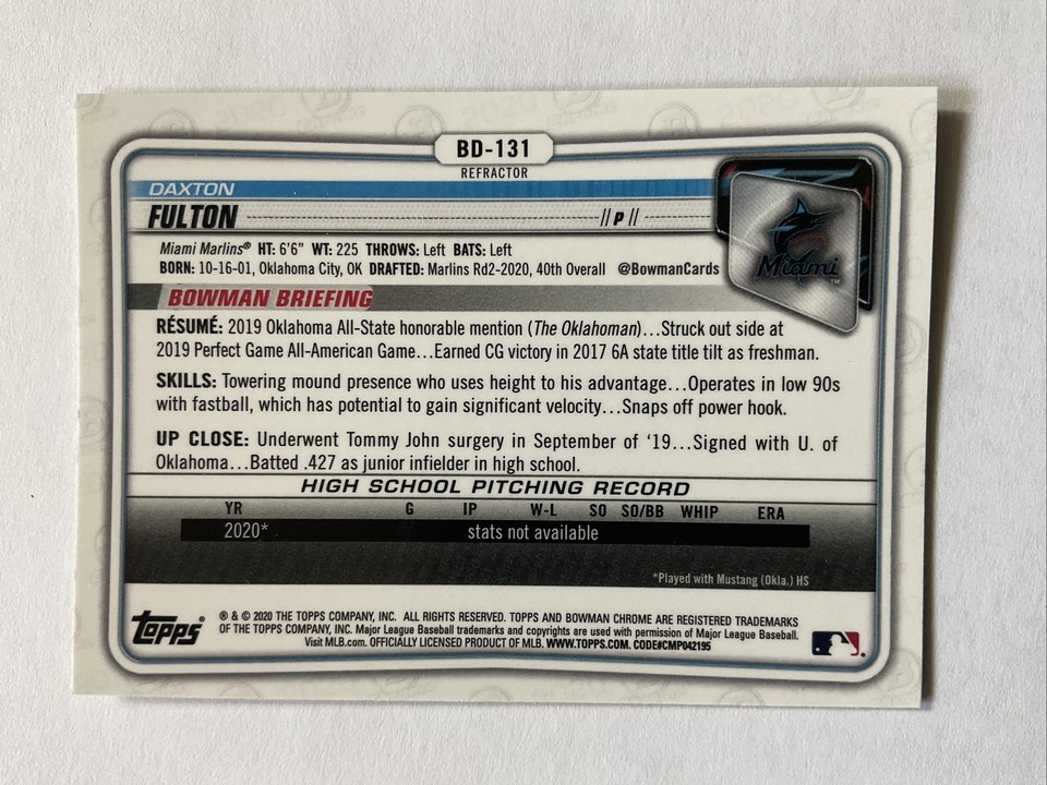 2020 Bowman Chrome Draft Refractor DAXTON FULTON 1st Bowman RC, MARLINS ...