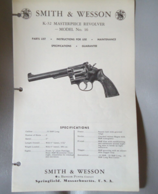 S&W MODEL 16 K-32 INSTRUCTIONS/PARTS W/EXPLODED DIAGRAM IN VERY GOOD ...